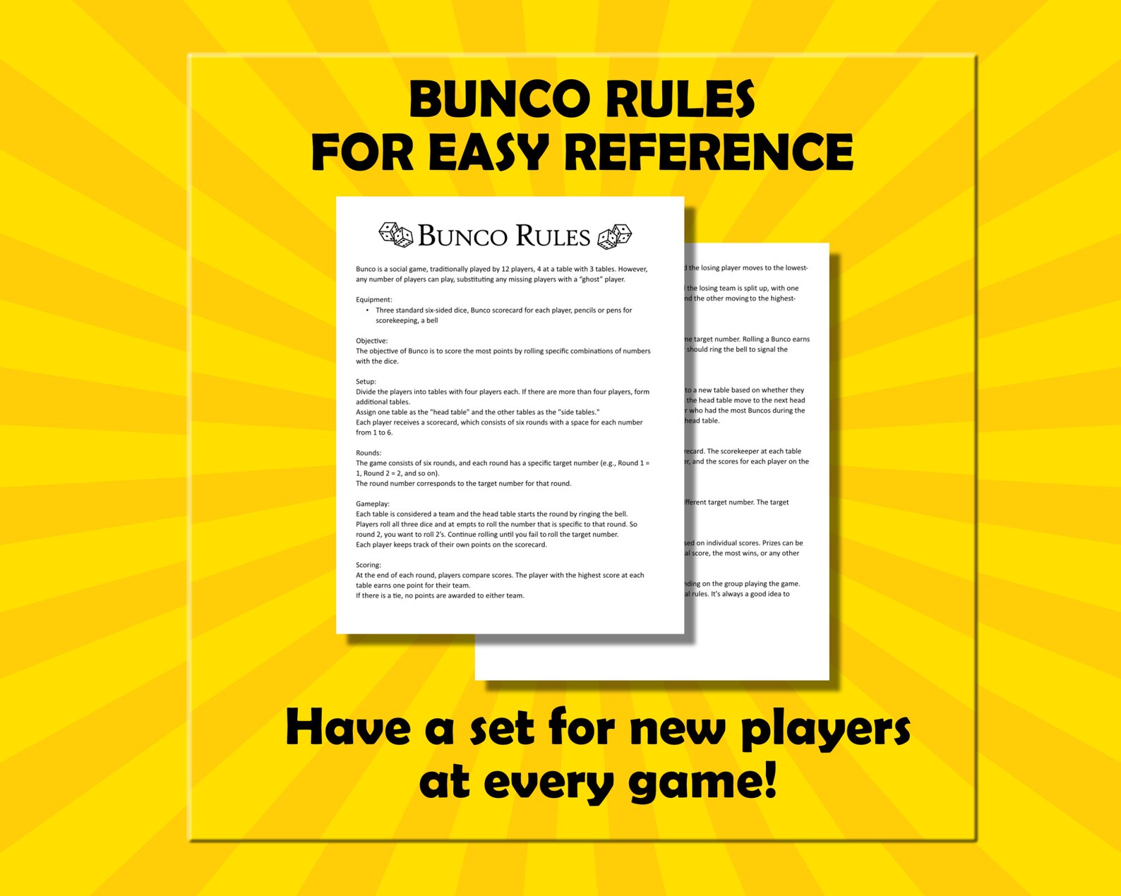 Bunco Score Card and Tally Sheet, Bunco Rules and Instructions - Etsy
