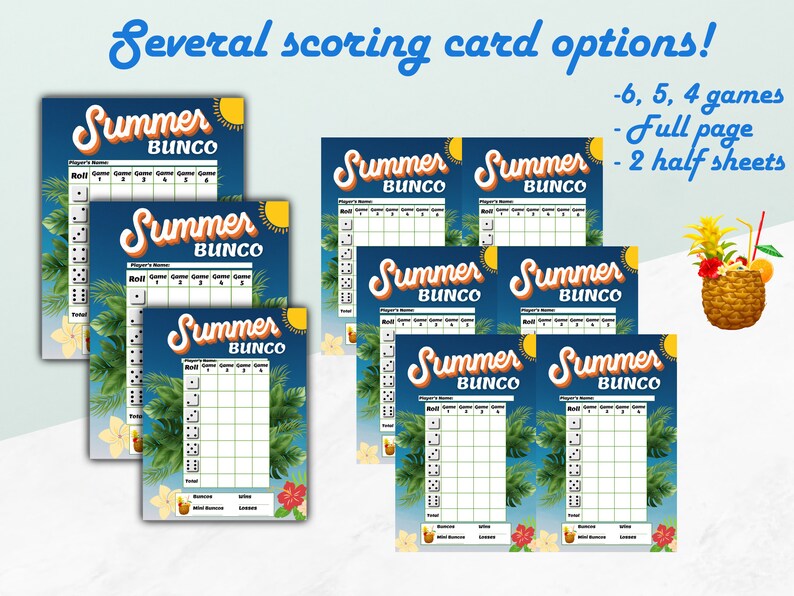 Summer Bunco Game Score Card and Tally Sheet, Beach Hawaii Theme Bunco ...