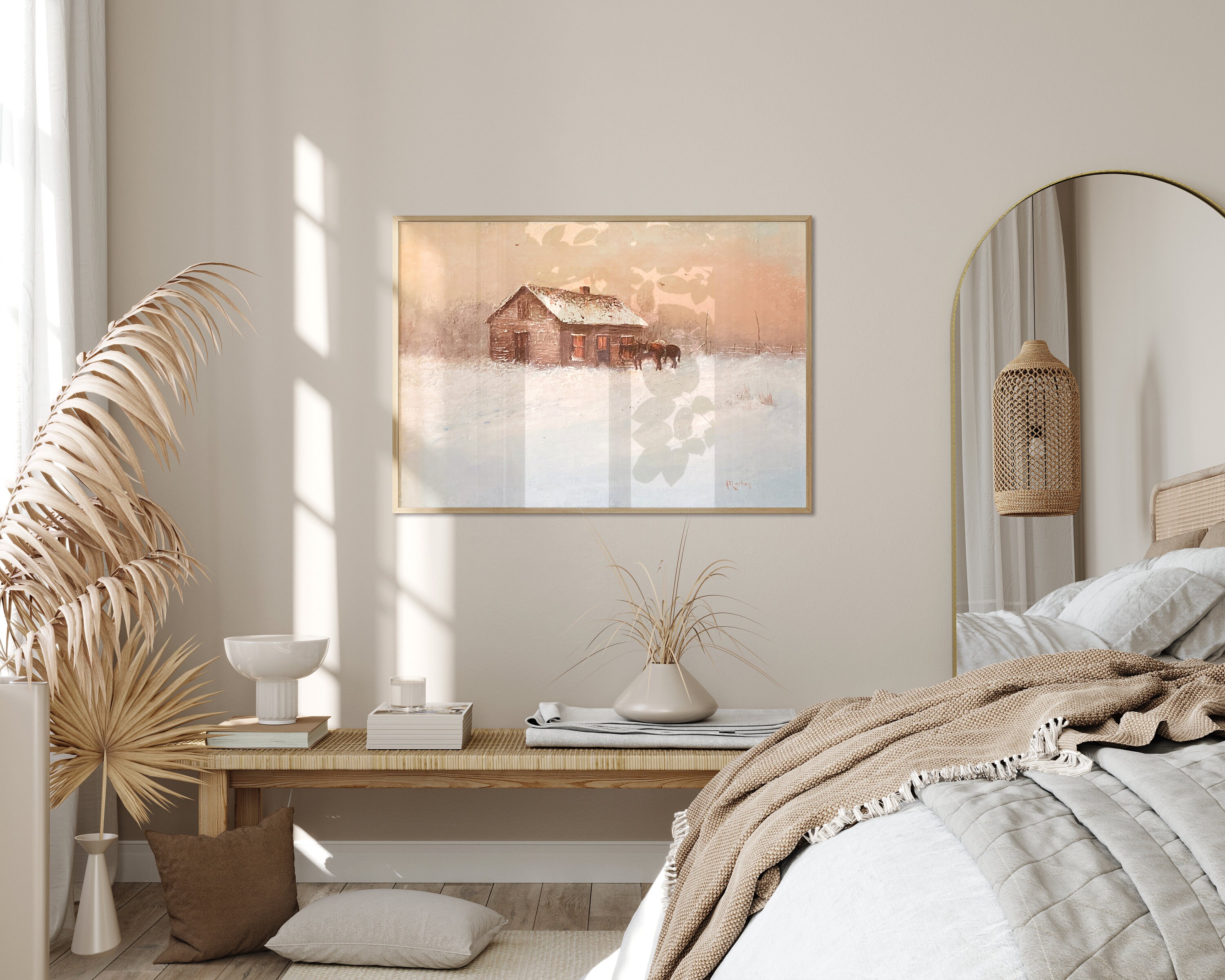 Horse Stable Art Sunset Printable, Hand Painted Winter Snowscene, Oil ...