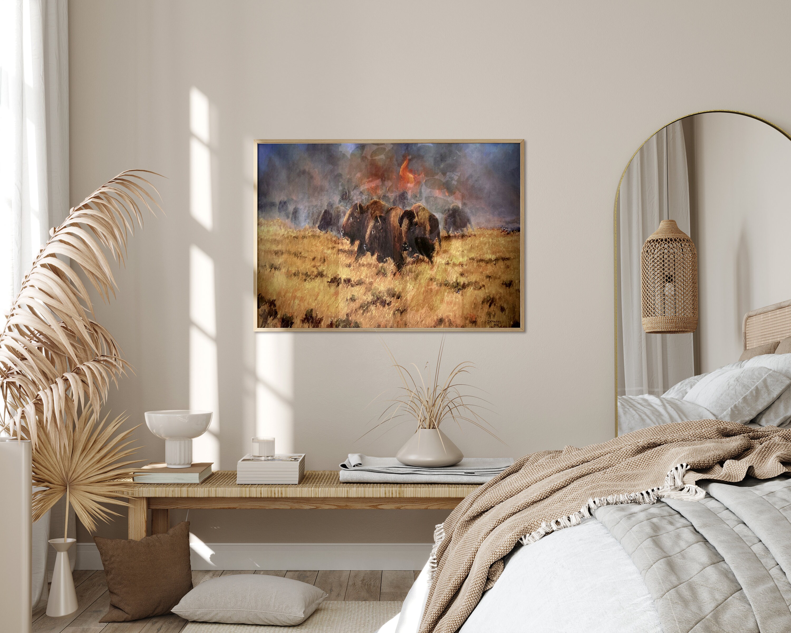 Fire Artwork Bison Printable, Hand Painted Prairie Pastoral Landscape ...