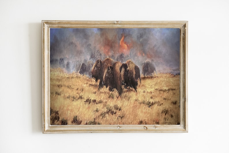 Fire Artwork Bison Printable, Hand Painted Prairie Pastoral Landscape ...
