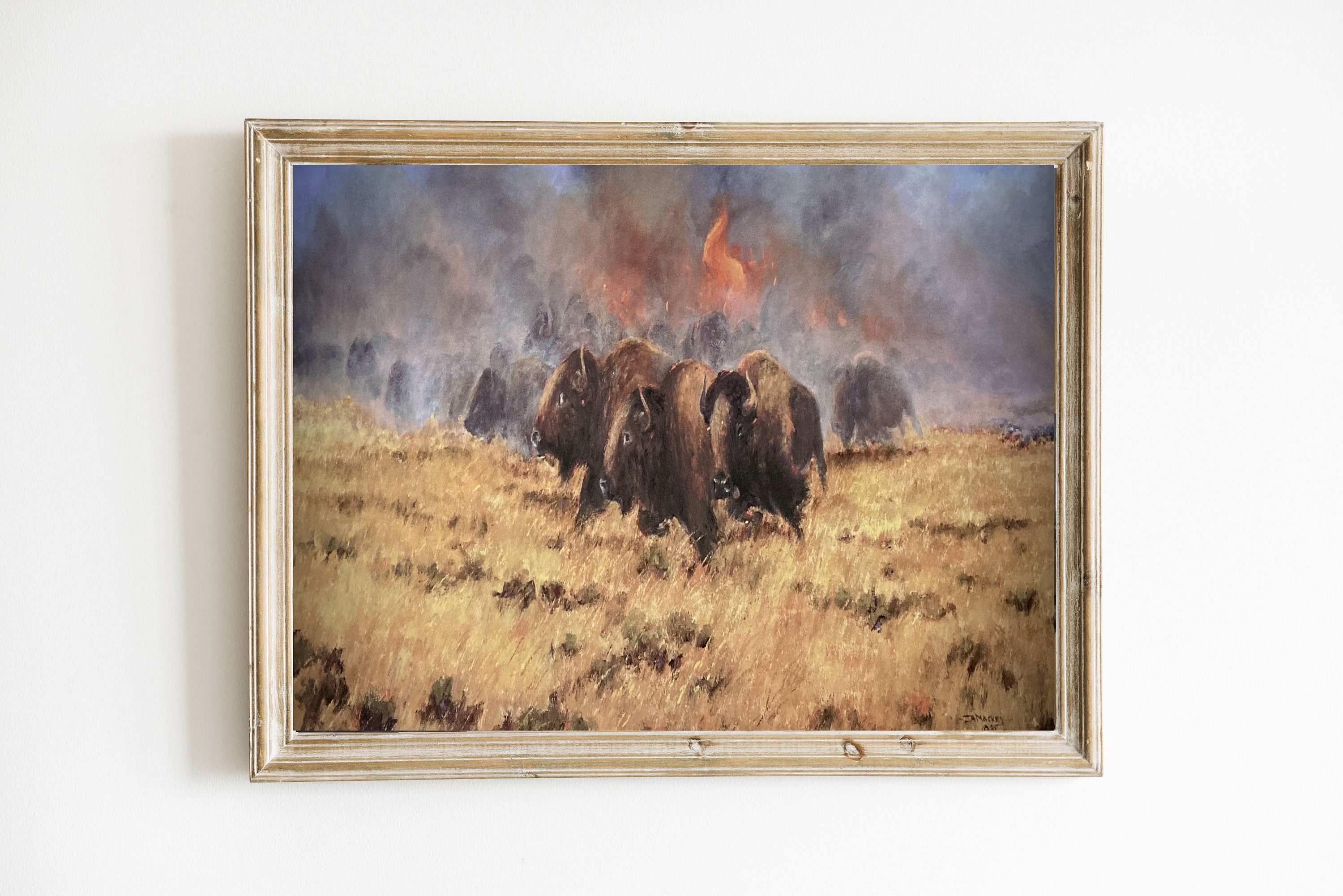 Fire Artwork Bison Printable, Hand Painted Prairie Pastoral Landscape ...