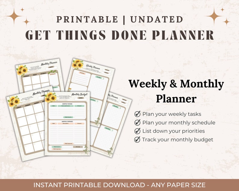 Undated Monthly Planner, Printable PDF, Sunflower Design - Etsy