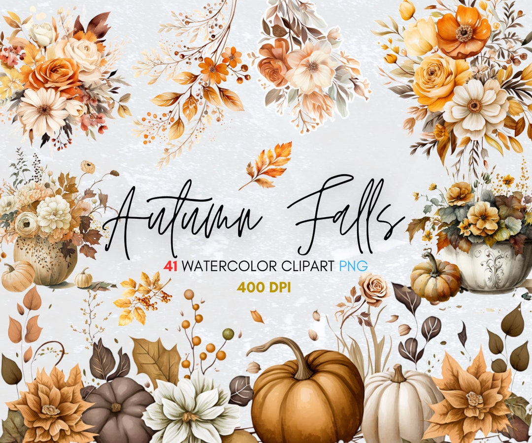 41 Png, Watercolor Autumn Fall Floral Clipart, Premade Autumn Bouquet ...