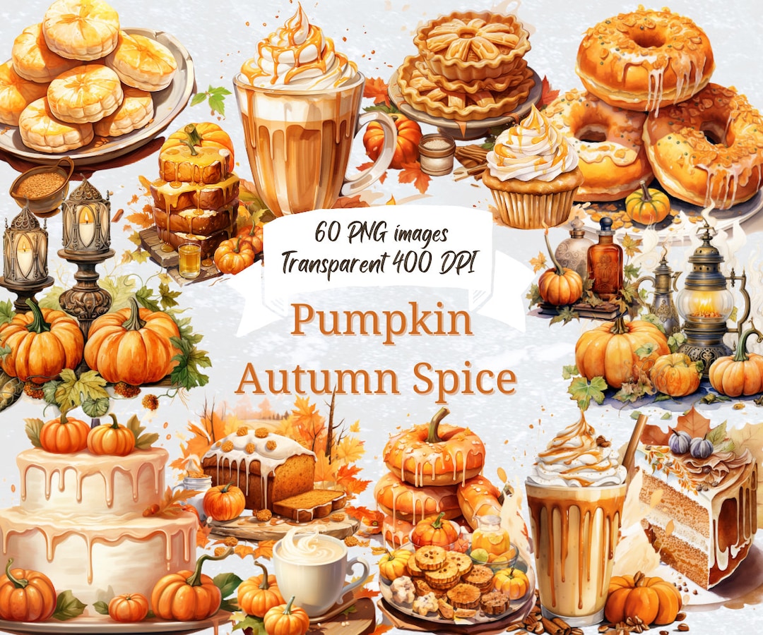 60 PNG Images Pumpkin Autumn Spice Watercolor Clipart Bundle, Cozy Fall ...