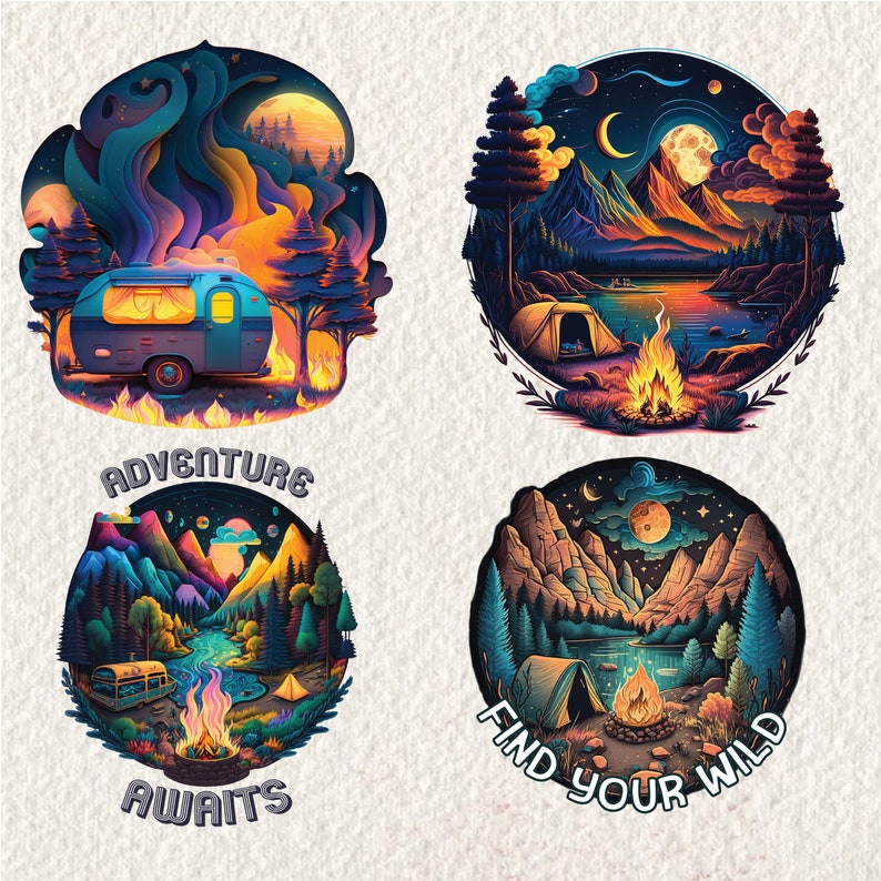 6 Camping Clipart Bundle, Badge Style, Psychedelic, Nature, Hiking ...