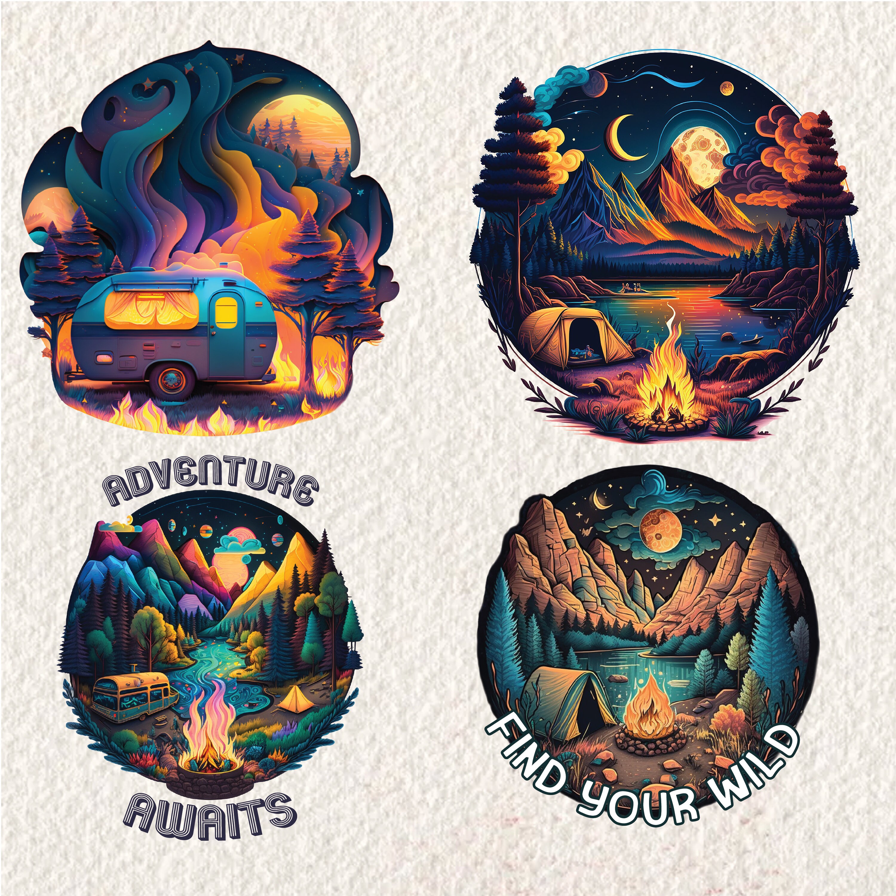 6 Camping Clipart Bundle, Badge Style, Psychedelic, Nature, Hiking ...