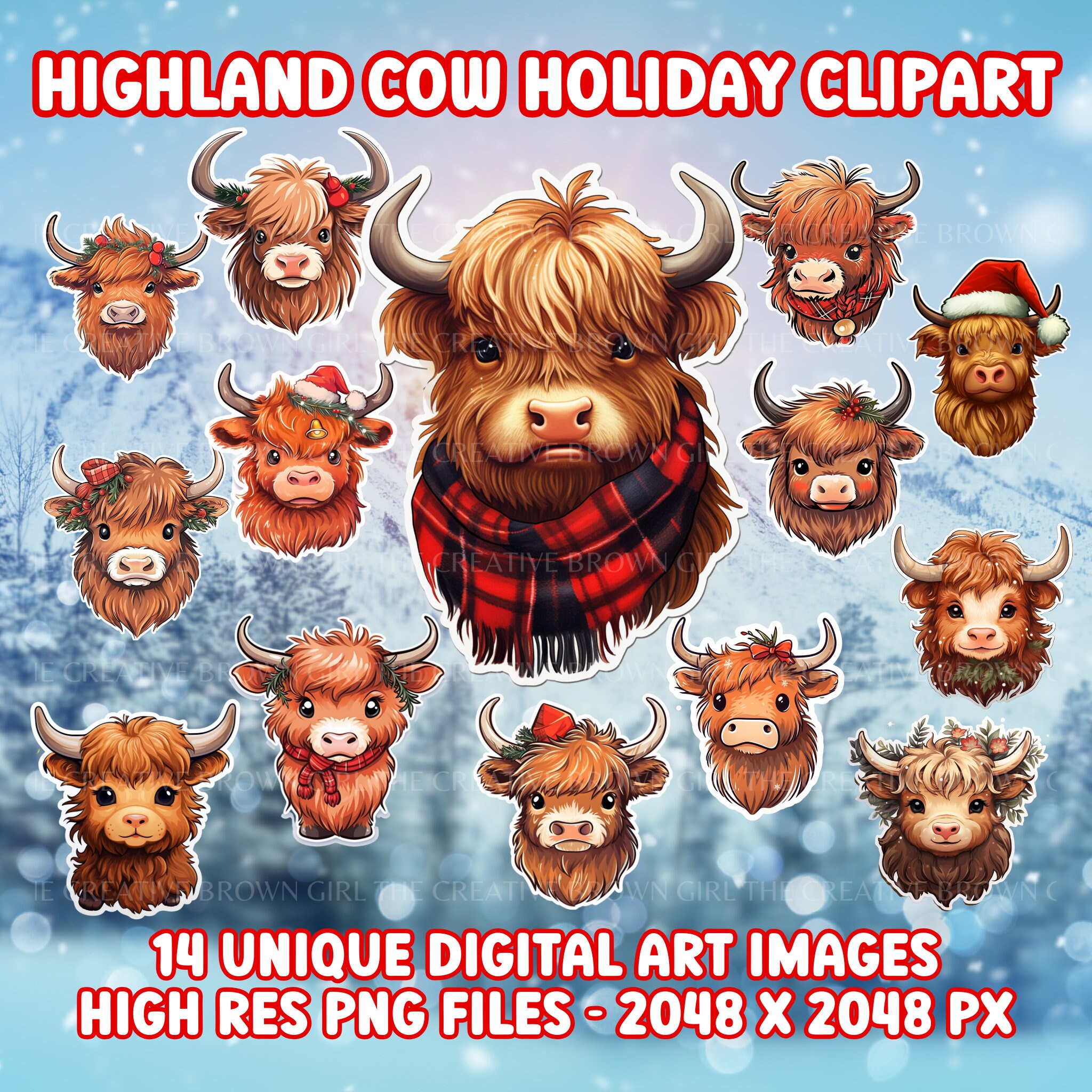 Highland Cow PNG Christmas Bundle | Watercolor Illustrations| Highland ...