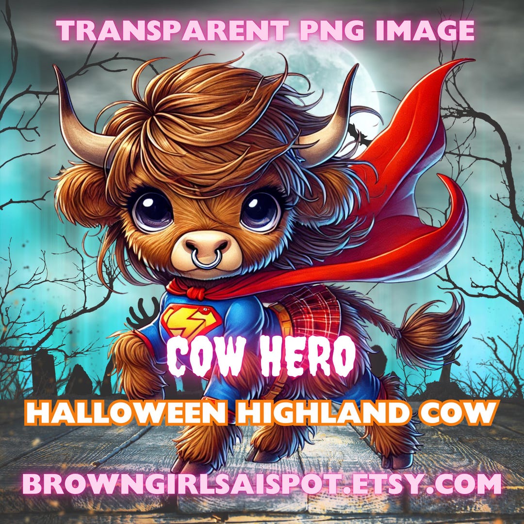 Cute Highland Cow Halloween Clip Art | Superhero Costume | Digital ...