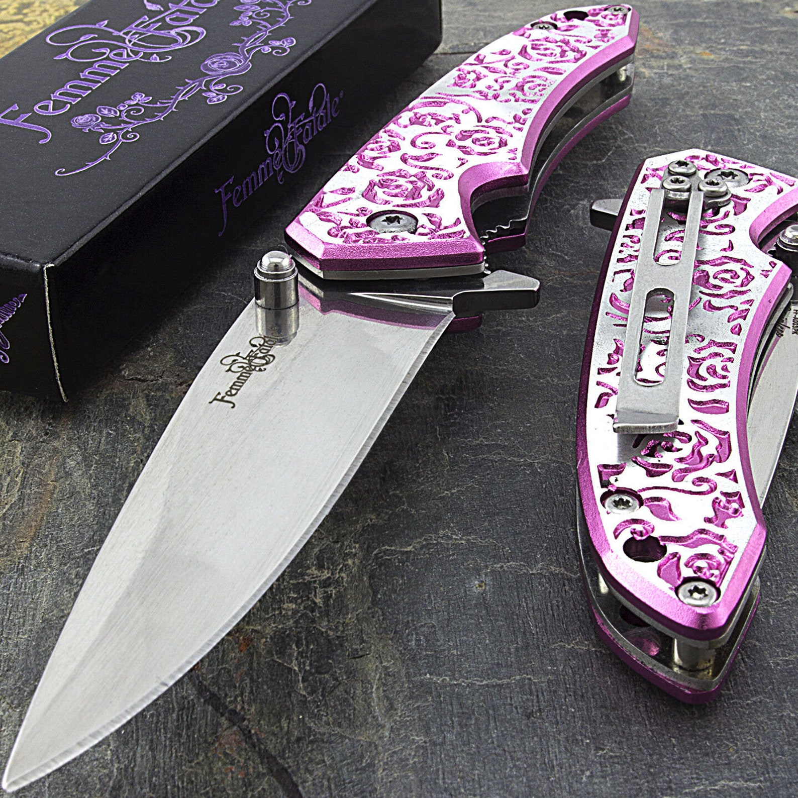 7 FEMME Fatale Women's Pink Rose Knife Spring Assisted Folding Knife ...