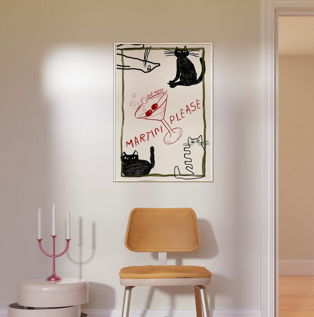 Cat Martini Poster - Hand Drawn - Retro Cocktail Wall Art - Bar Cart ...