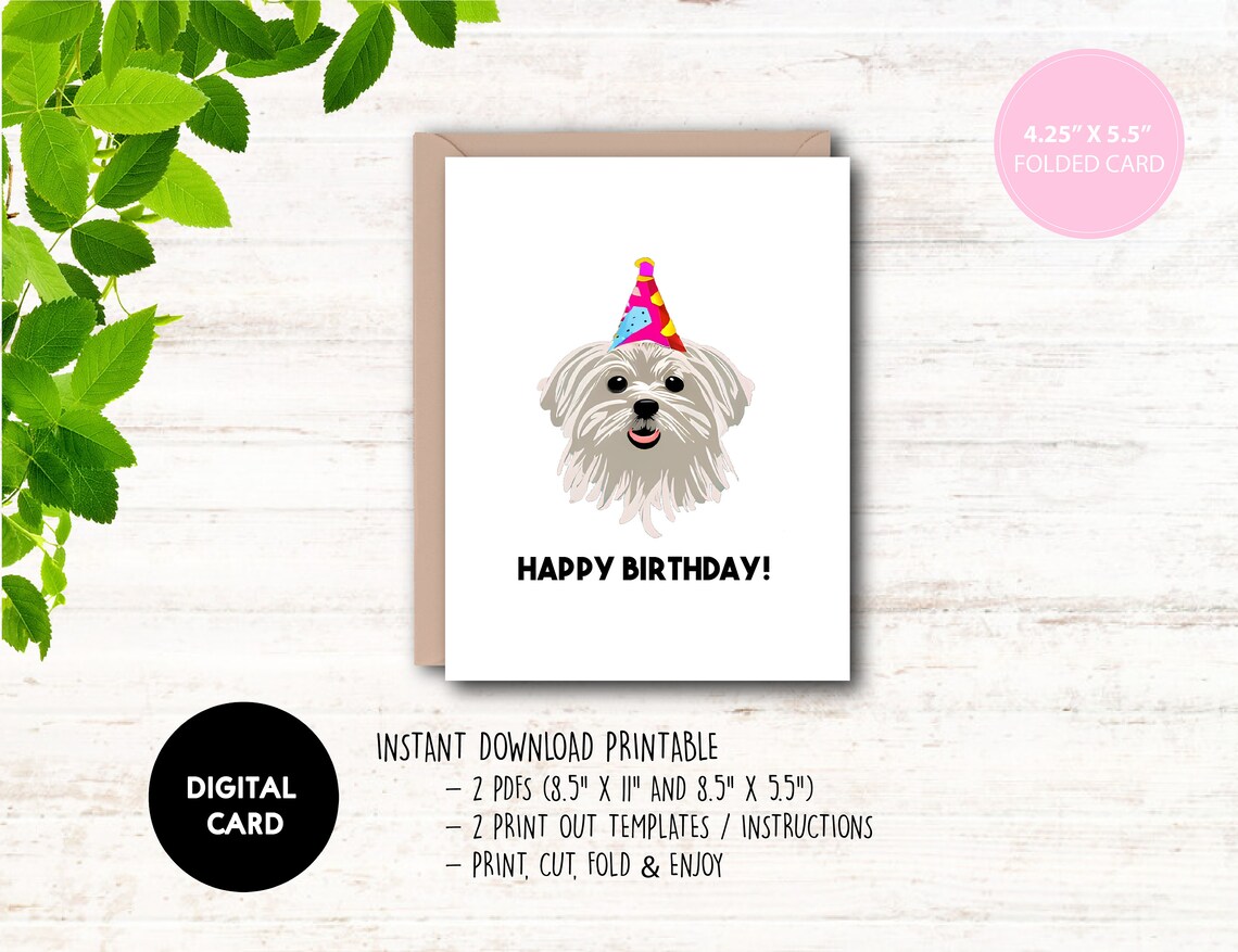 Printable Dog Birthday Card, Dog Lover Birthday Card, Maltese Dog, Cute ...