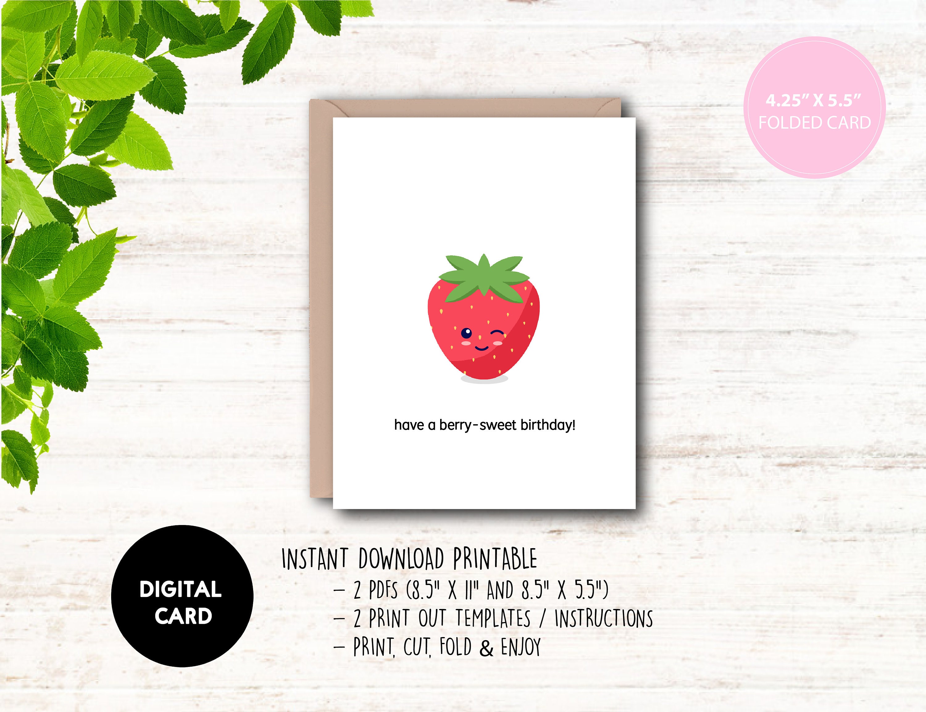 Printable Strawberry Birthday Card, Funny Food Pun Card, Blueberry ...