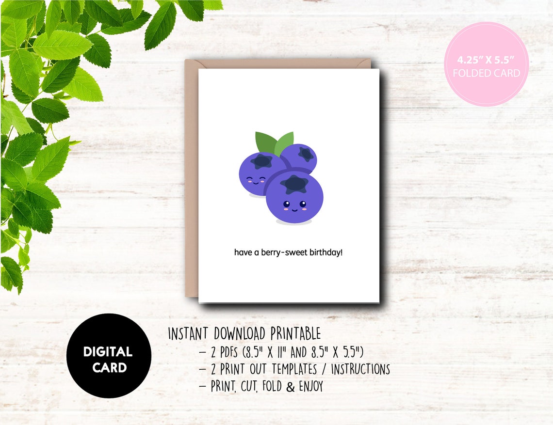 Printable Blueberry Birthday Card, Funny Food Pun Card, Blueberry ...