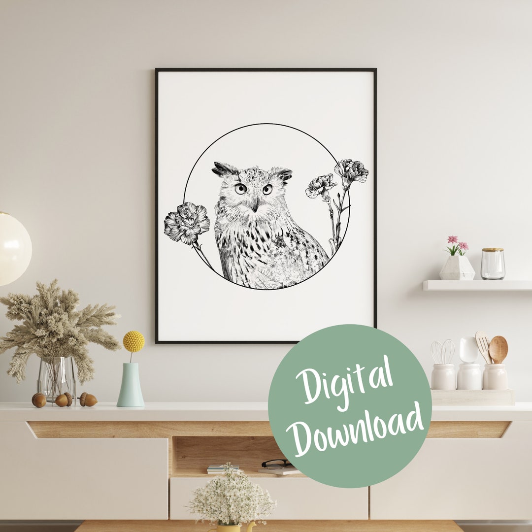 Wildlife Line Art Prints, Owl Wall Art, Fineline Printable Art, Minimal ...