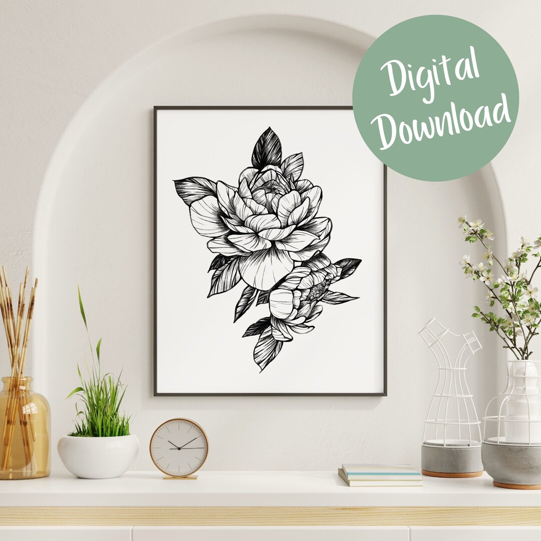 Flower Line Art Prints, Flower Wall Art, Peonies Fineline Printable Art ...