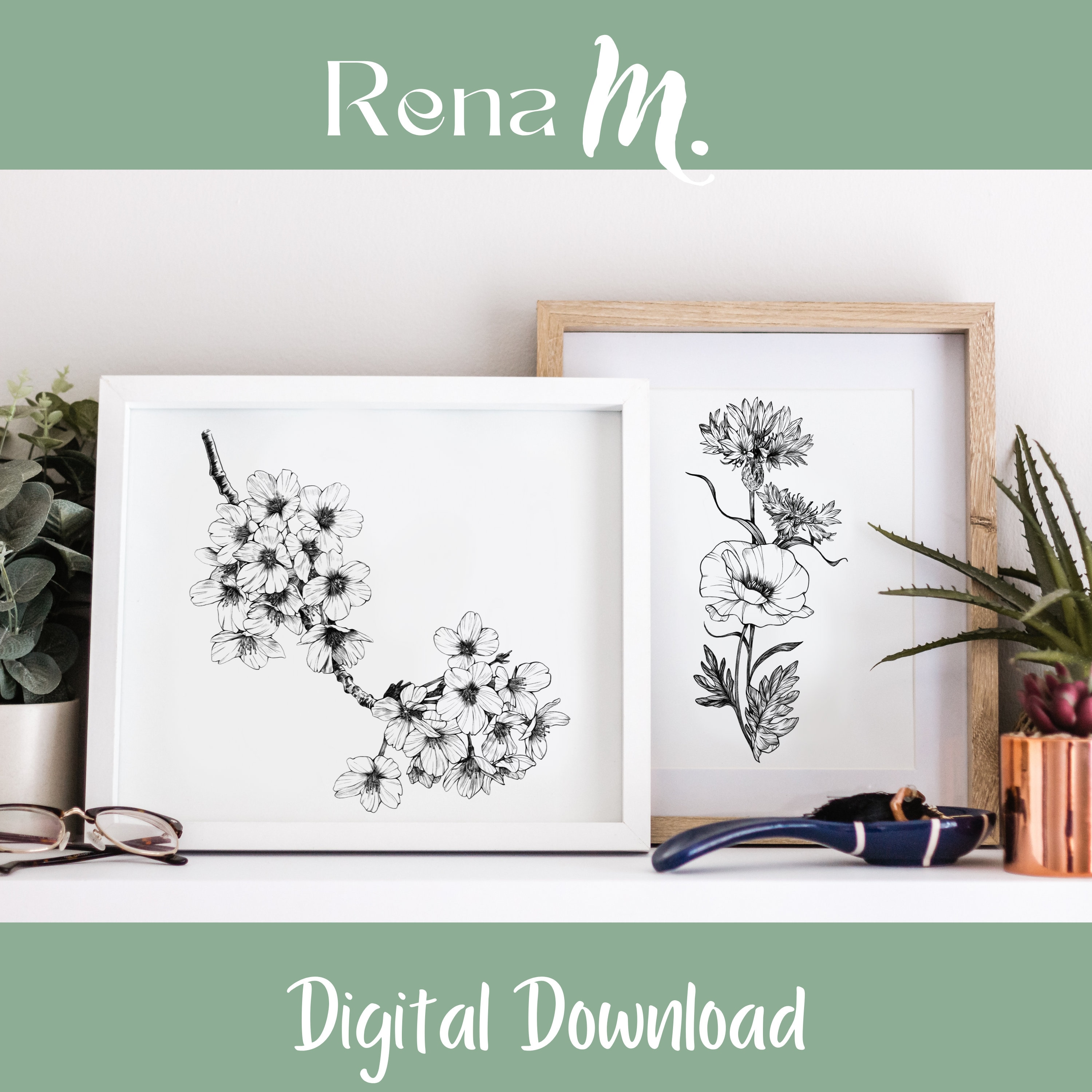 Flower Line Art Prints, Flower Wall Art, Cherry Blossom Fineline ...
