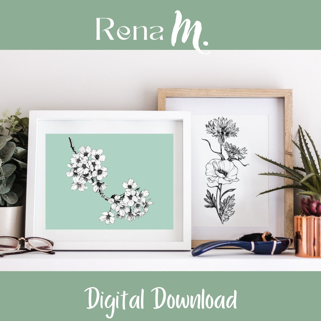 Flower Line Art Prints, Flower Wall Art, Cherry Blossom Fineline ...
