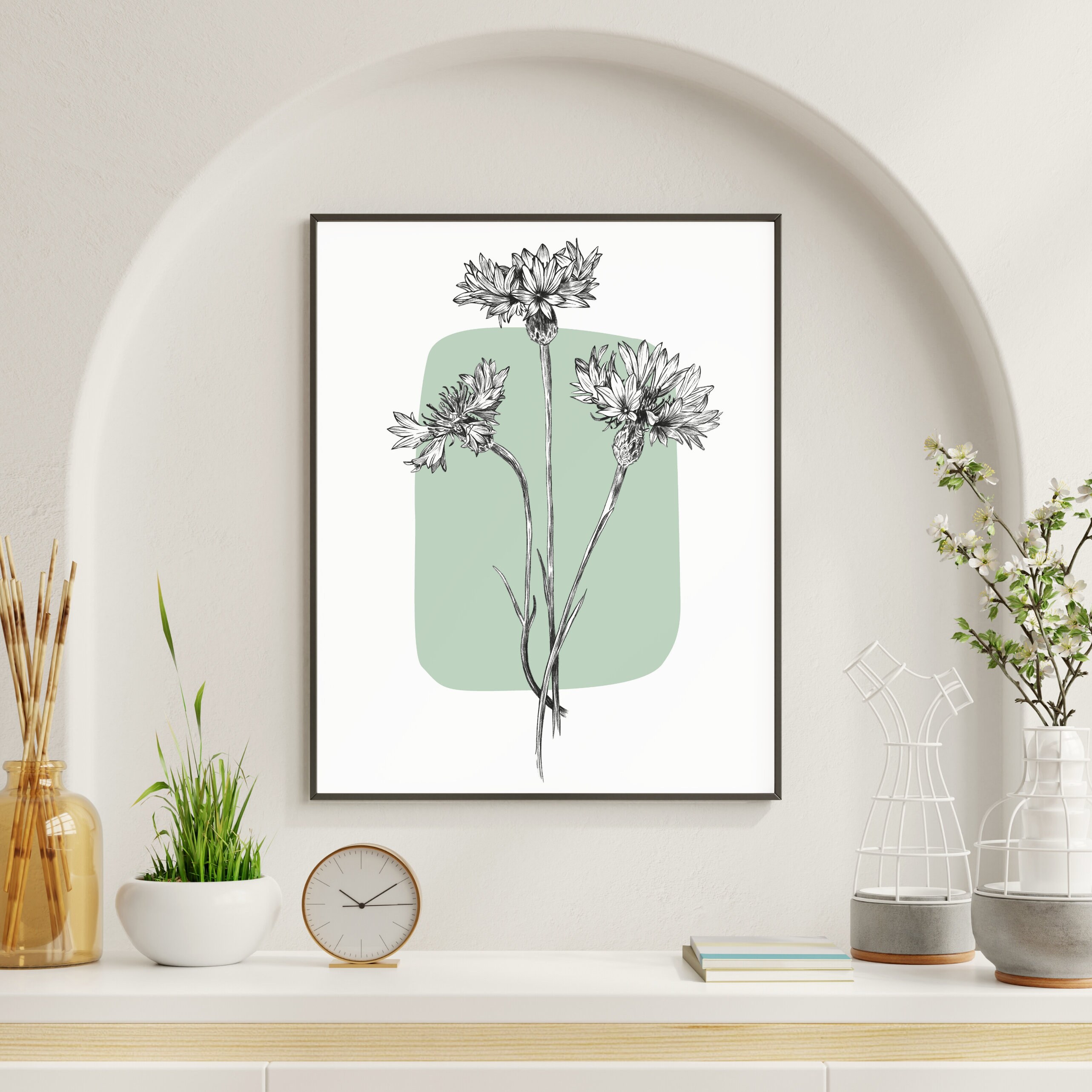 Flower Line Art Prints, Flower Wall Art, Cornflower Fineline Printable ...