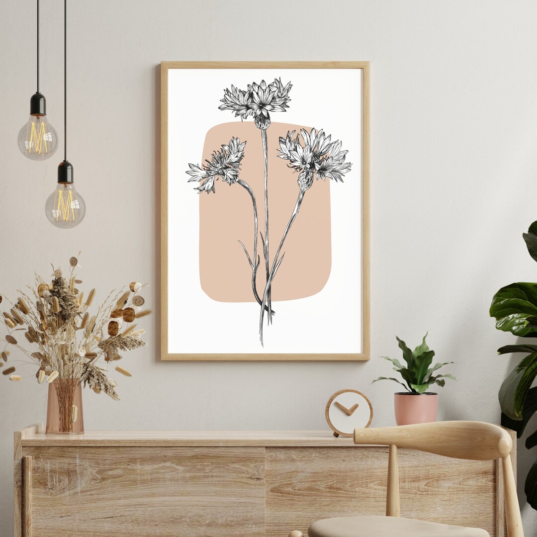 Flower Line Art Prints, Flower Wall Art, Cornflower Fineline Printable ...