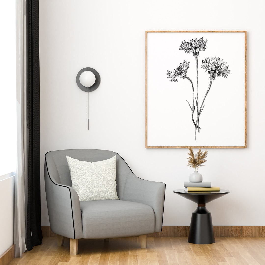 Flower Line Art Prints, Flower Wall Art, Cornflower Fineline Printable ...