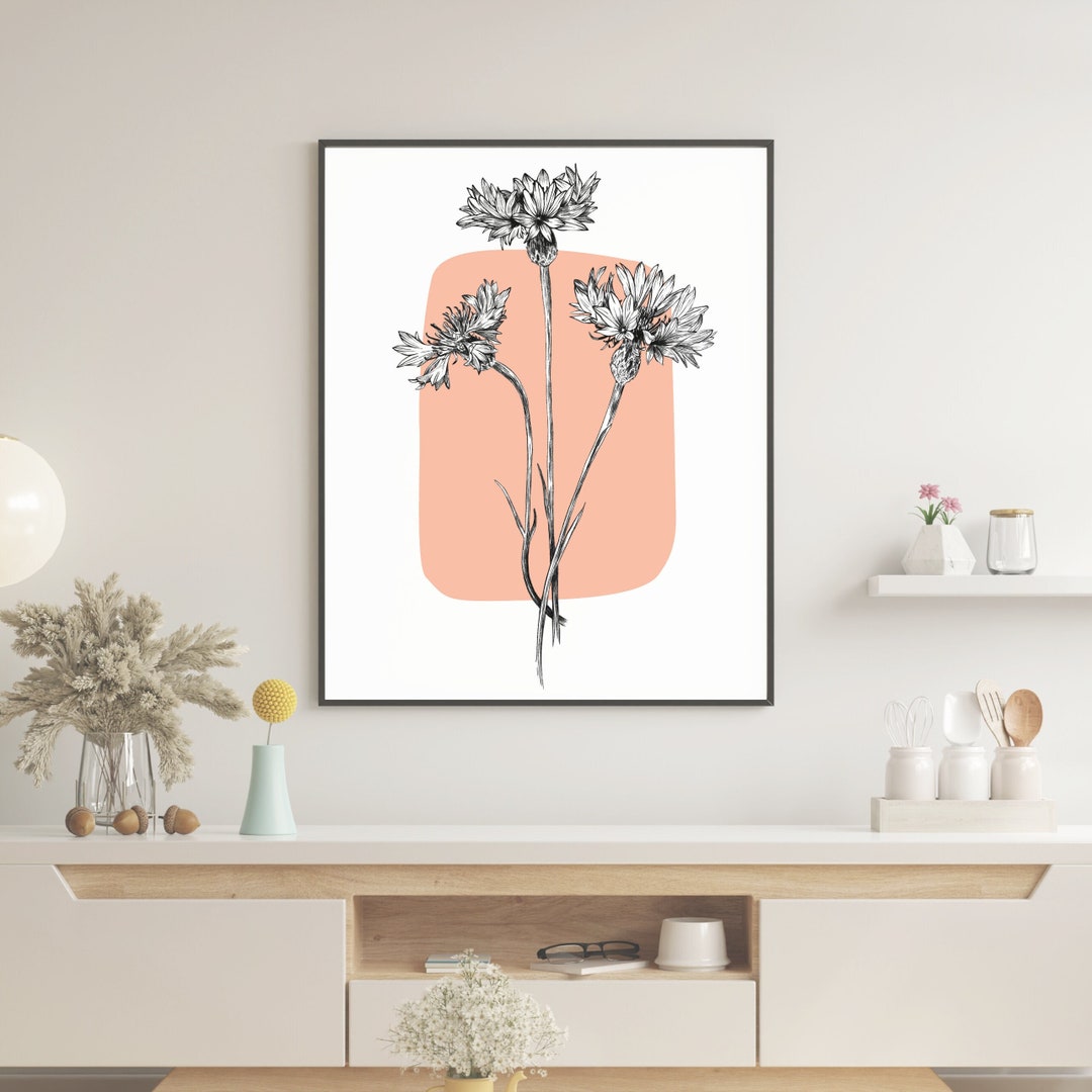 Flower Line Art Prints, Flower Wall Art, Cornflower Fineline Printable ...
