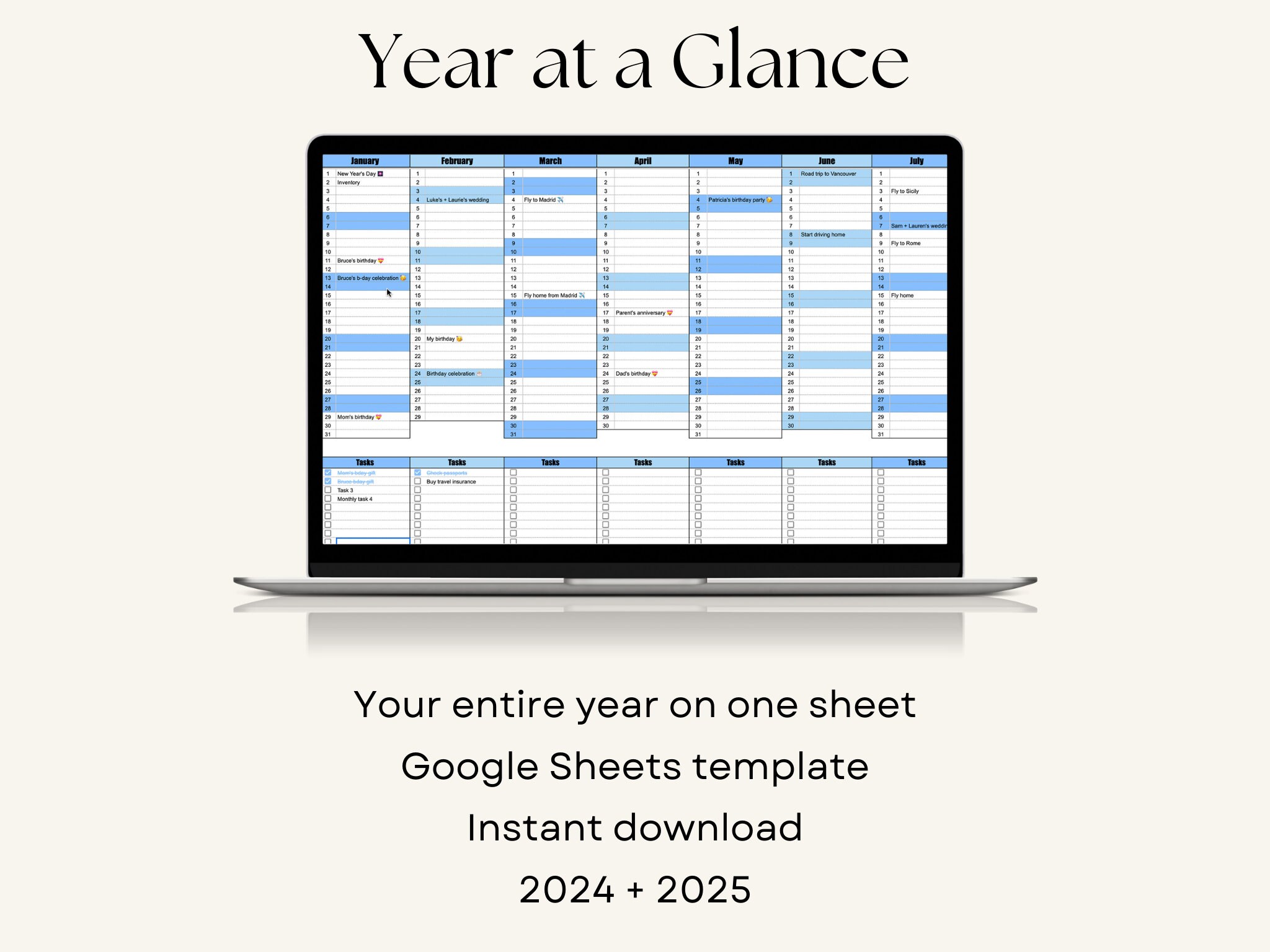 2024 & 2025 Year at A Glance Annual Digital Planner for Google Sheets ...