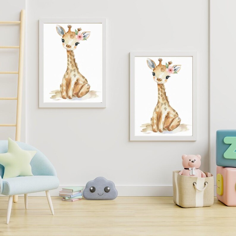 Watercolor Baby Giraffe Print, Floral Crown, Safari Nursery Decor ...