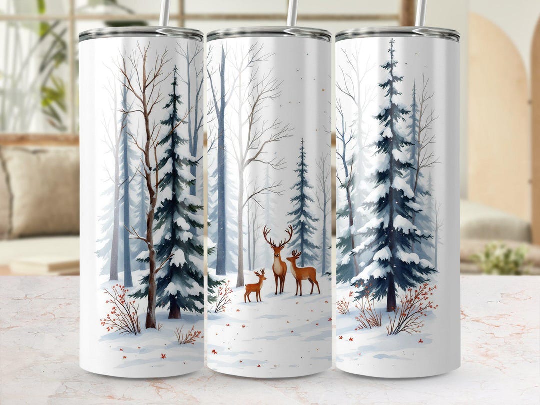 Winter Forest Deer Scene Digital Tumbler Wrap, Snowy Trees and Reindeer ...
