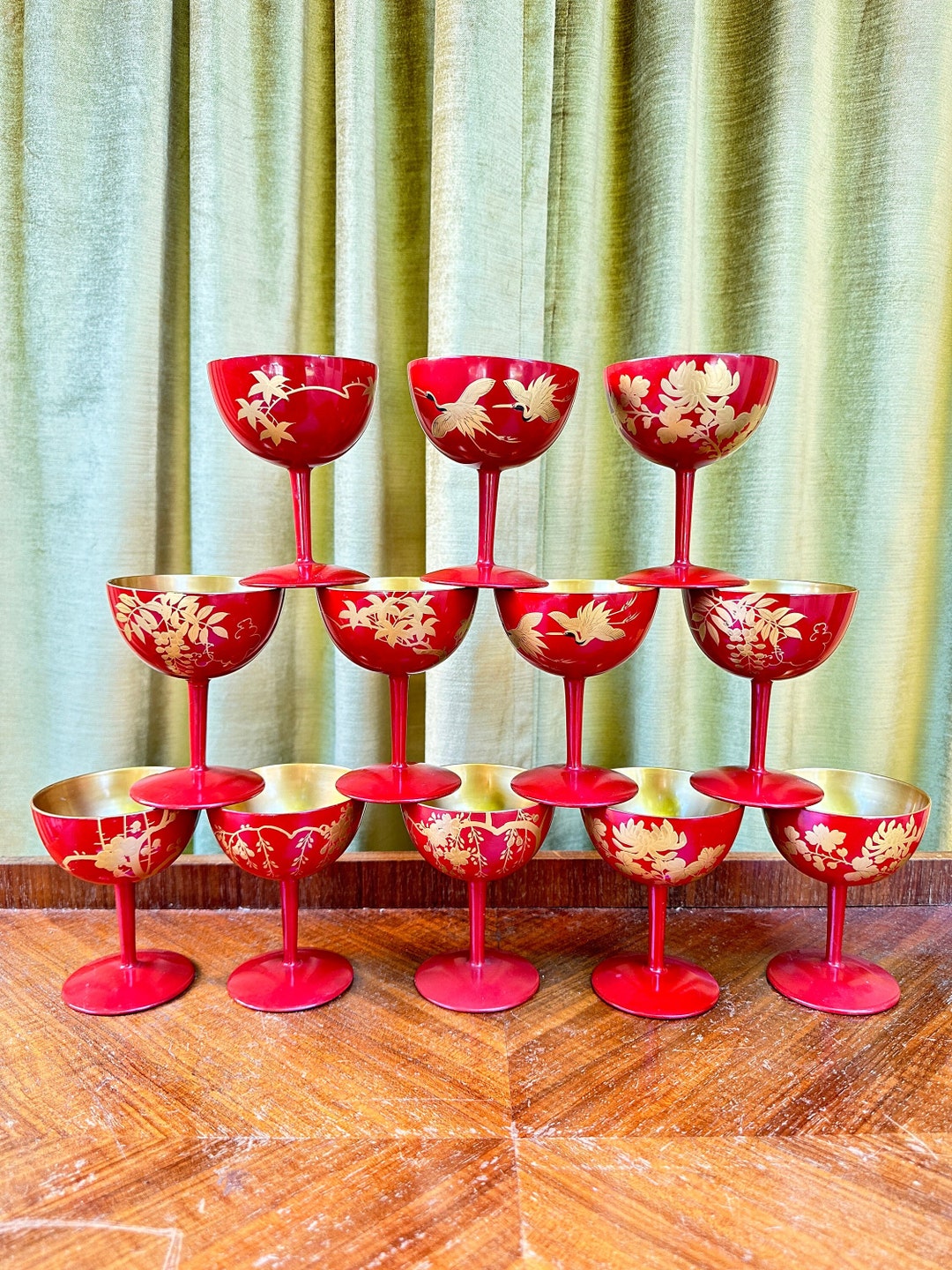 Vintage Japanese Red & Gold Laquer Wine/sake Glasses Set of 12 - Etsy