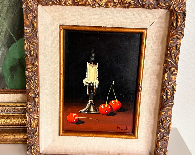 Vintage Maria Lak Oil on Board Painting of Cherries and Candle in ...
