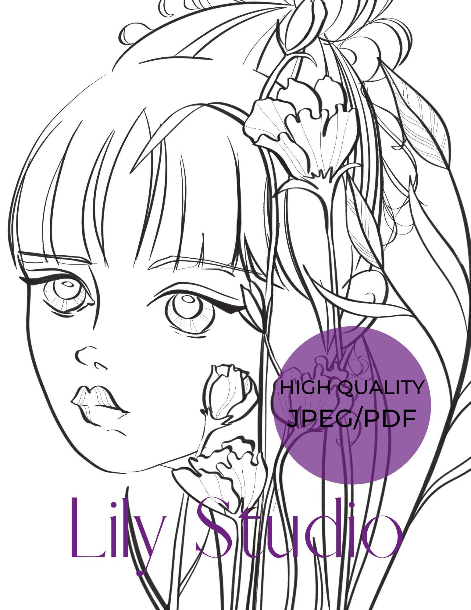 Botanical Portrait Coloring Page for Adults Instant Download Grayscale Coloring Page Lily Lis ...