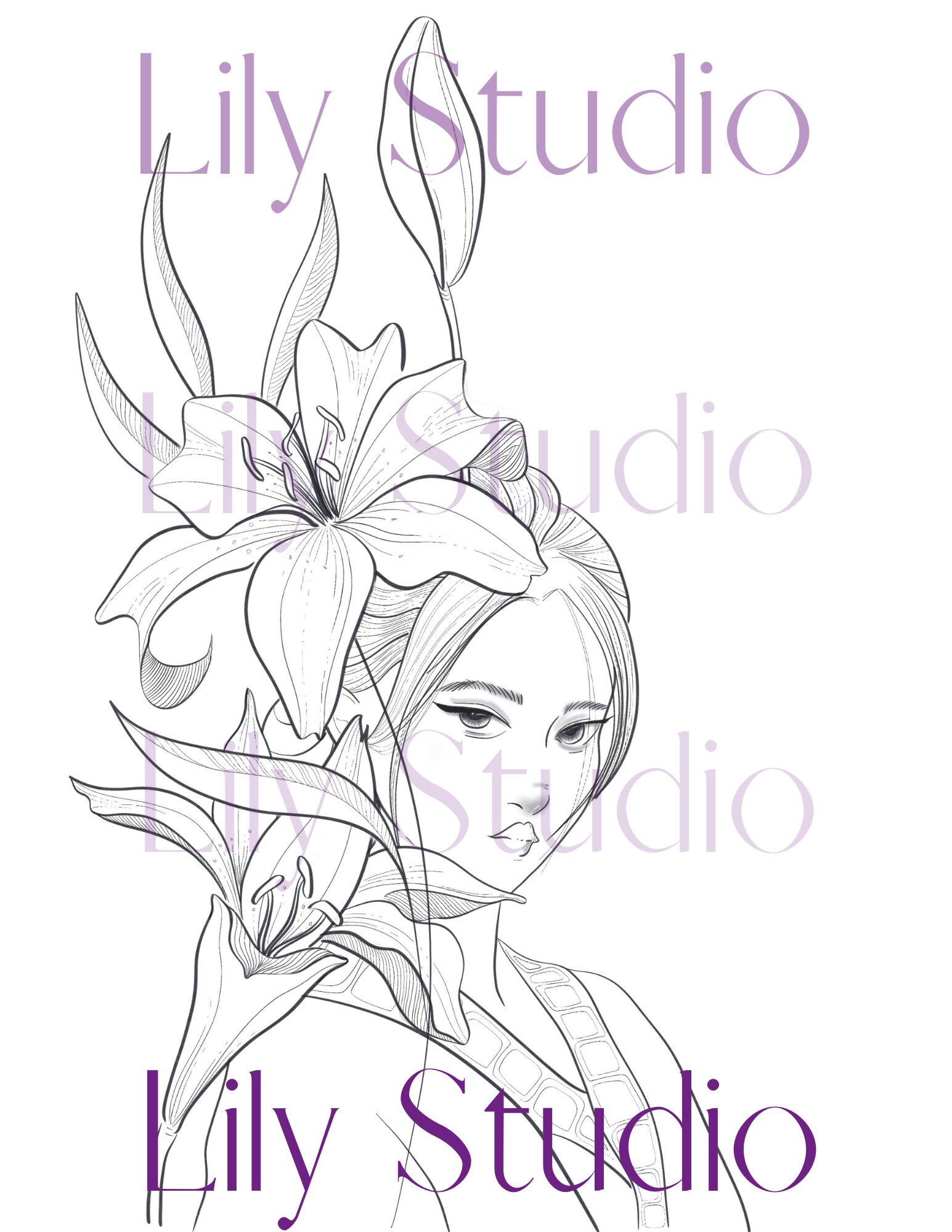 Lily Beauty Coloring Page for Adults Grayscale Coloring Page Instant Download Lily Lis Studio ...