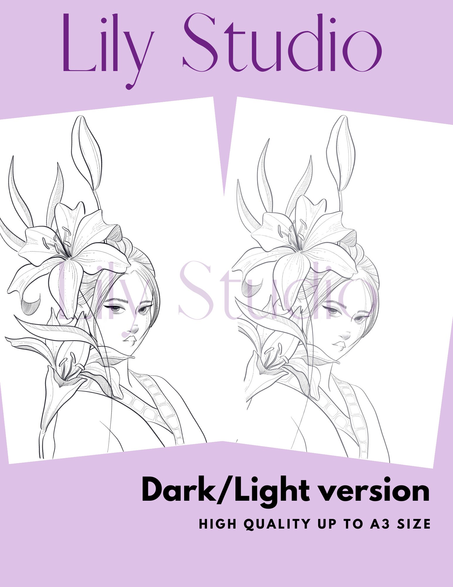 Lily Beauty Coloring Page for Adults Grayscale Coloring Page Instant Download Lily Lis Studio ...