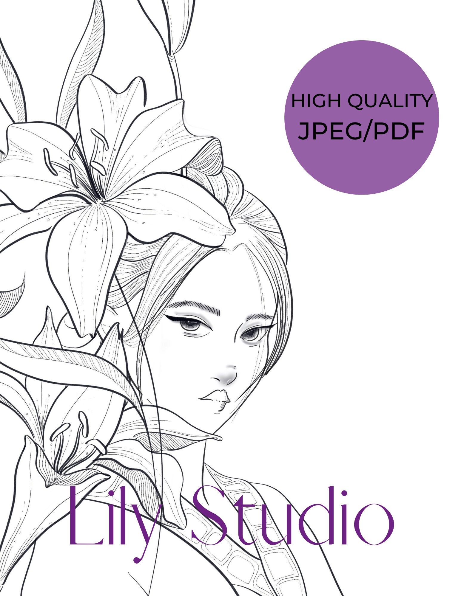 Lily Beauty Coloring Page for Adults Grayscale Coloring Page Instant Download Lily Lis Studio ...