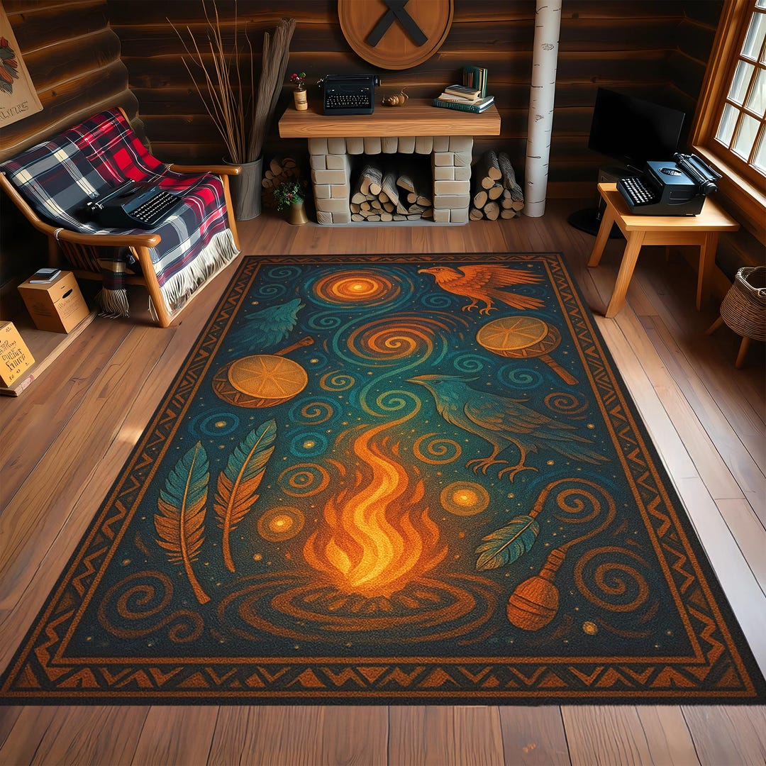 Bohemian Tribal Raven Flame Rug Teal Copper Swirl Drum Feather Pagan ...