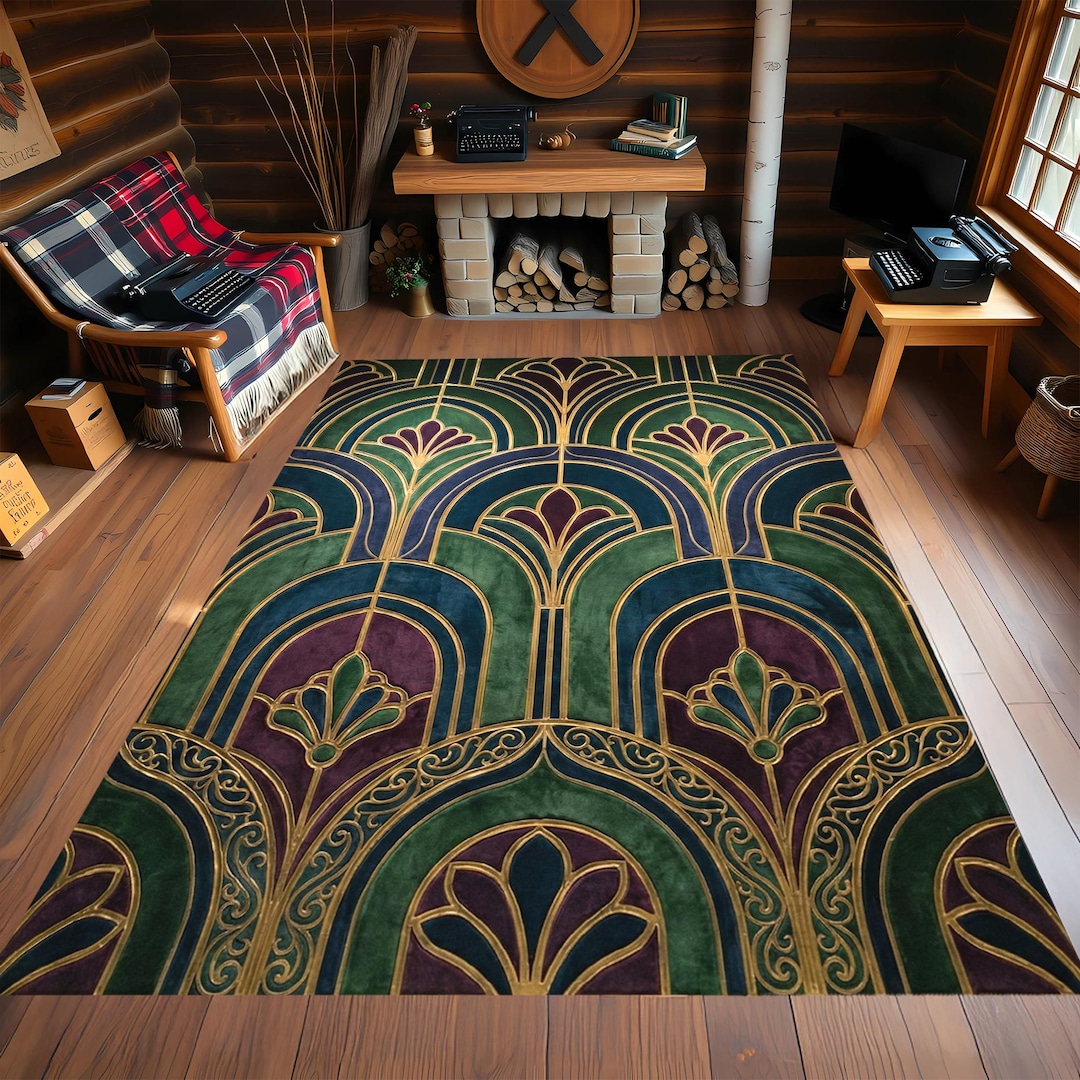 Art Deco Arch Pattern Rug With Gold Linework Emerald Green Purple ...
