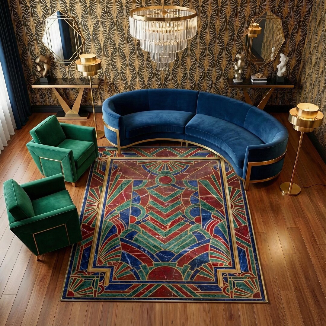Art Deco Area Rug Multicolor Geometric Red Blue Green Patterns Elegant ...