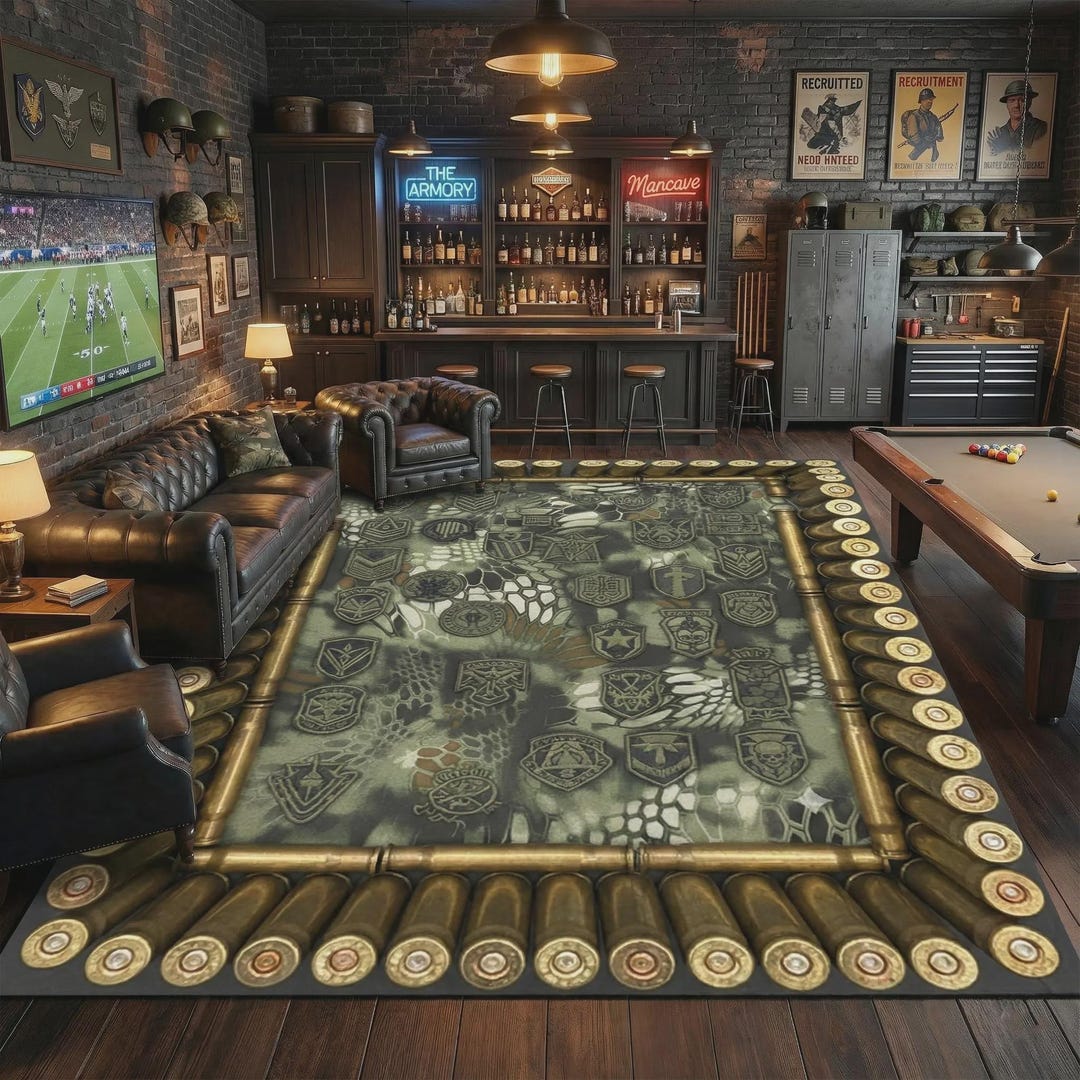 Military Camo Rug Bullet Tactical Badges Rustic for Man Cave, Bar, Game ...