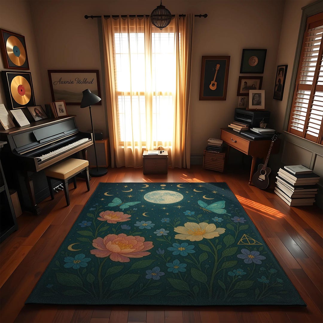 Dark Teal Moon Phase Area Rug: Floral Butterfly Mystic Home Decor - Etsy