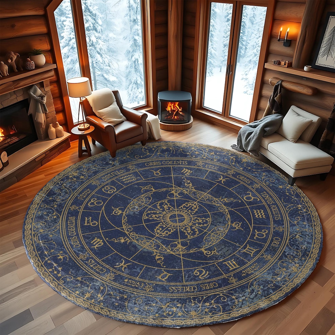 Round Zodiac Astrology Rug With Celestial Blue and Gold Design ...