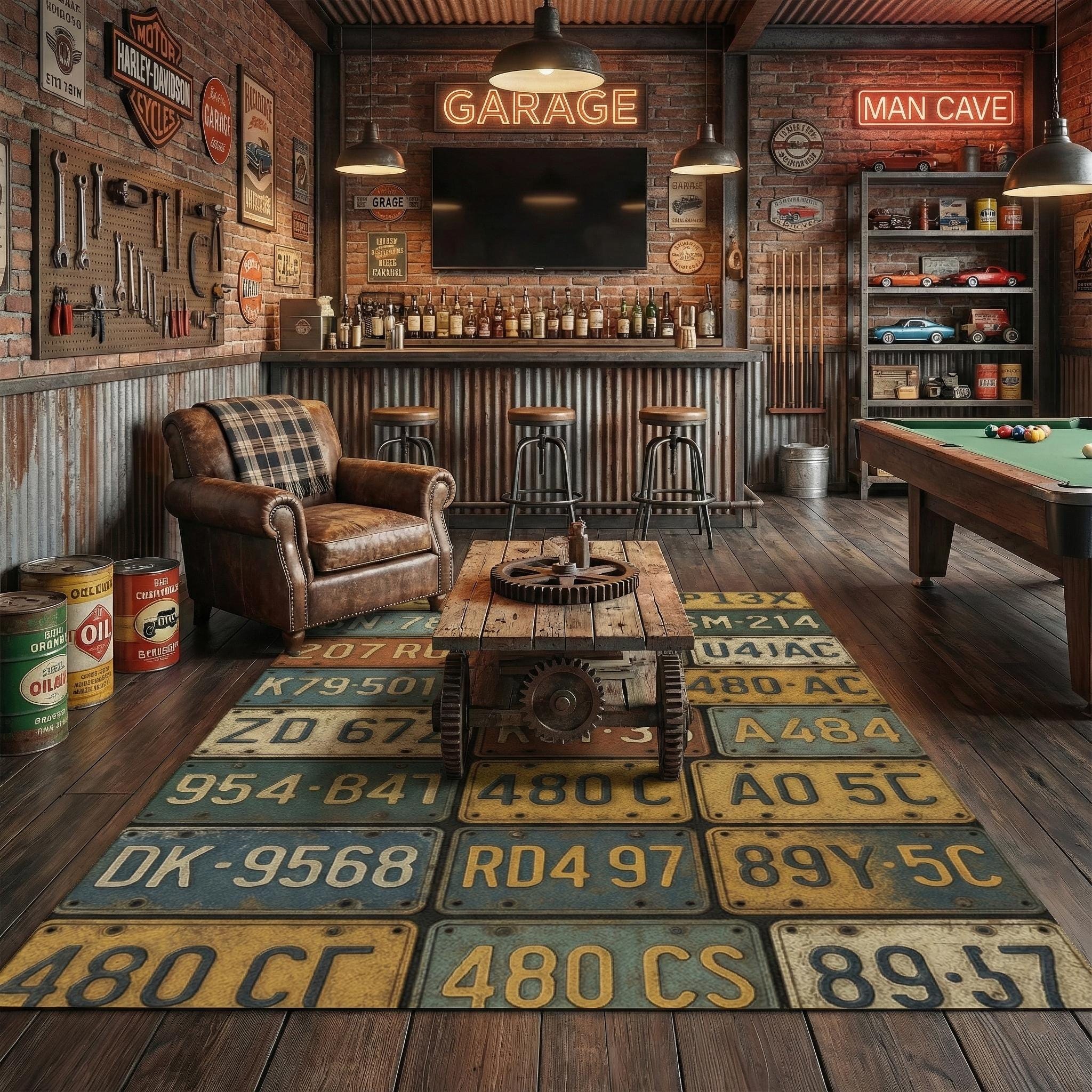 Man Cave Rug License Plate Vintage Car Numbers Retro Industrial Garage ...