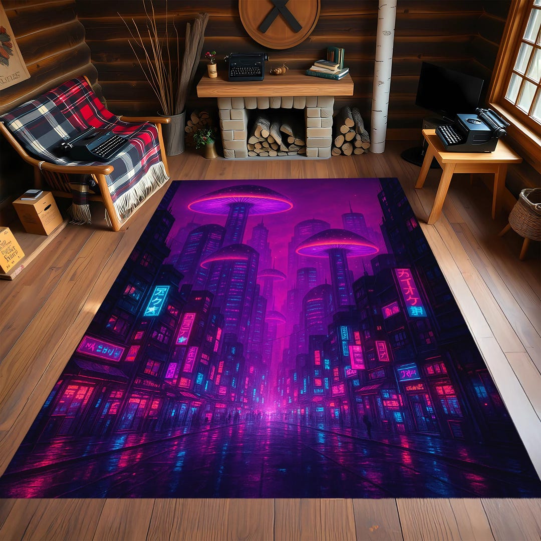 Neon Mushroom City Rug: Cyberpunk Sci-fi Home Decor - Etsy