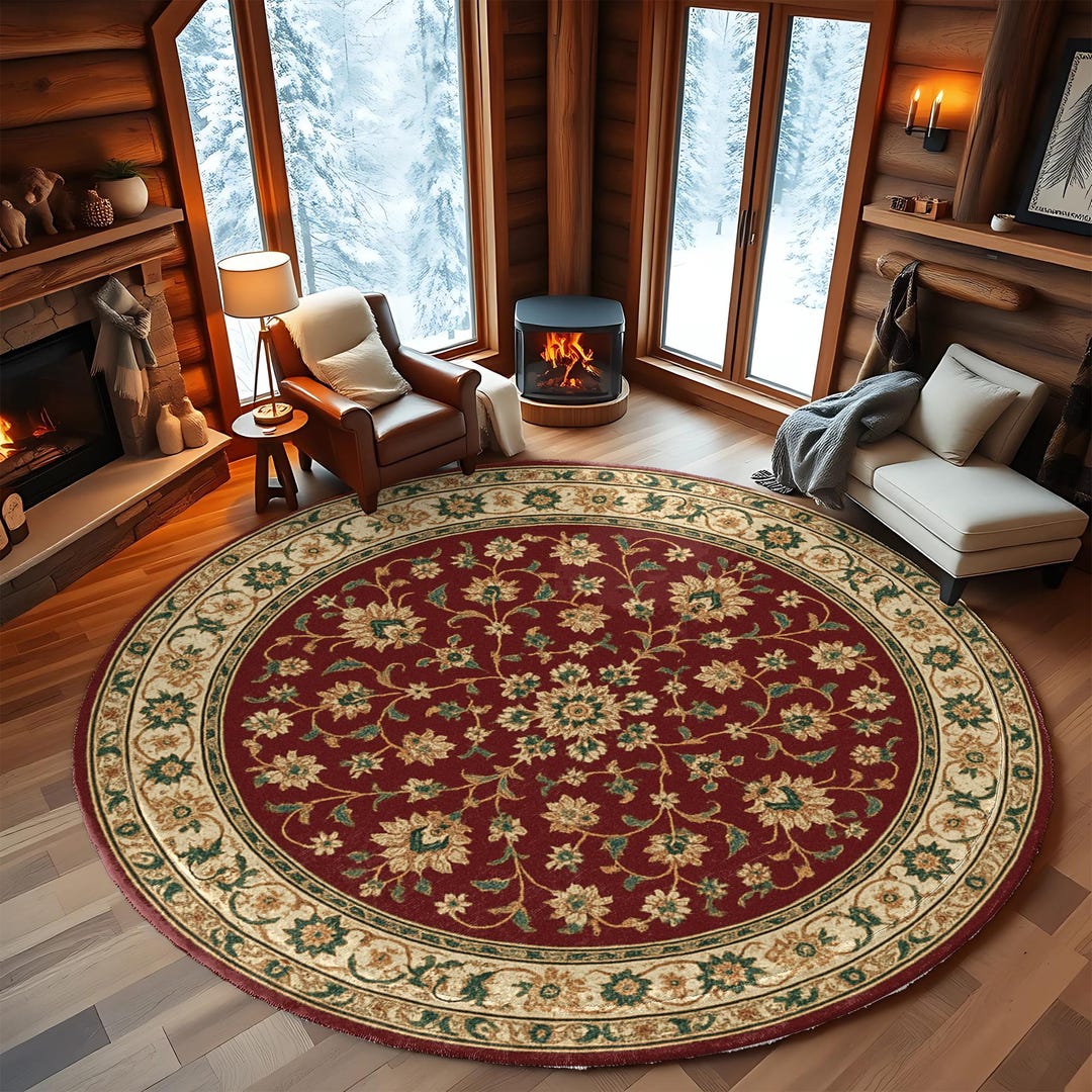 Burgundy Floral Medallion Round Rug: Vintage Style Home Decor - Etsy