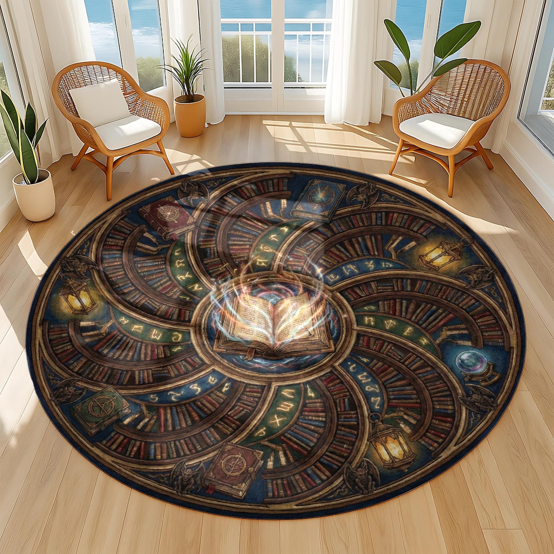 Mystical Round Library Rug With Glowing Magic Book Design, Fantasy Dark ...