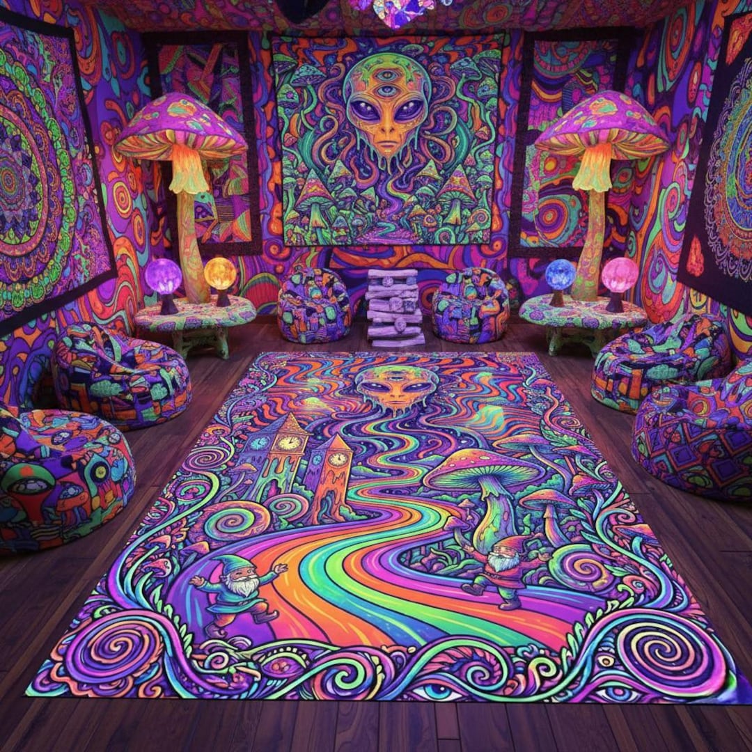 Rug Trippy Alien and Mushroom Rainbow Path Design for Psychedelic ...