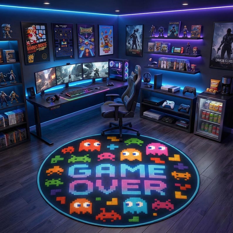 Retro Gamer Room Rug, Game Over Design, Classic Arcade Pixel Characters ...