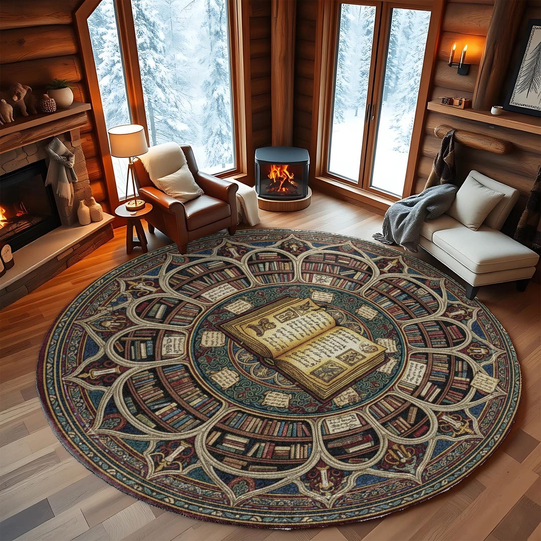 Ancient Library Round Rug With Open Spellbook and Bookshelf Rosette ...