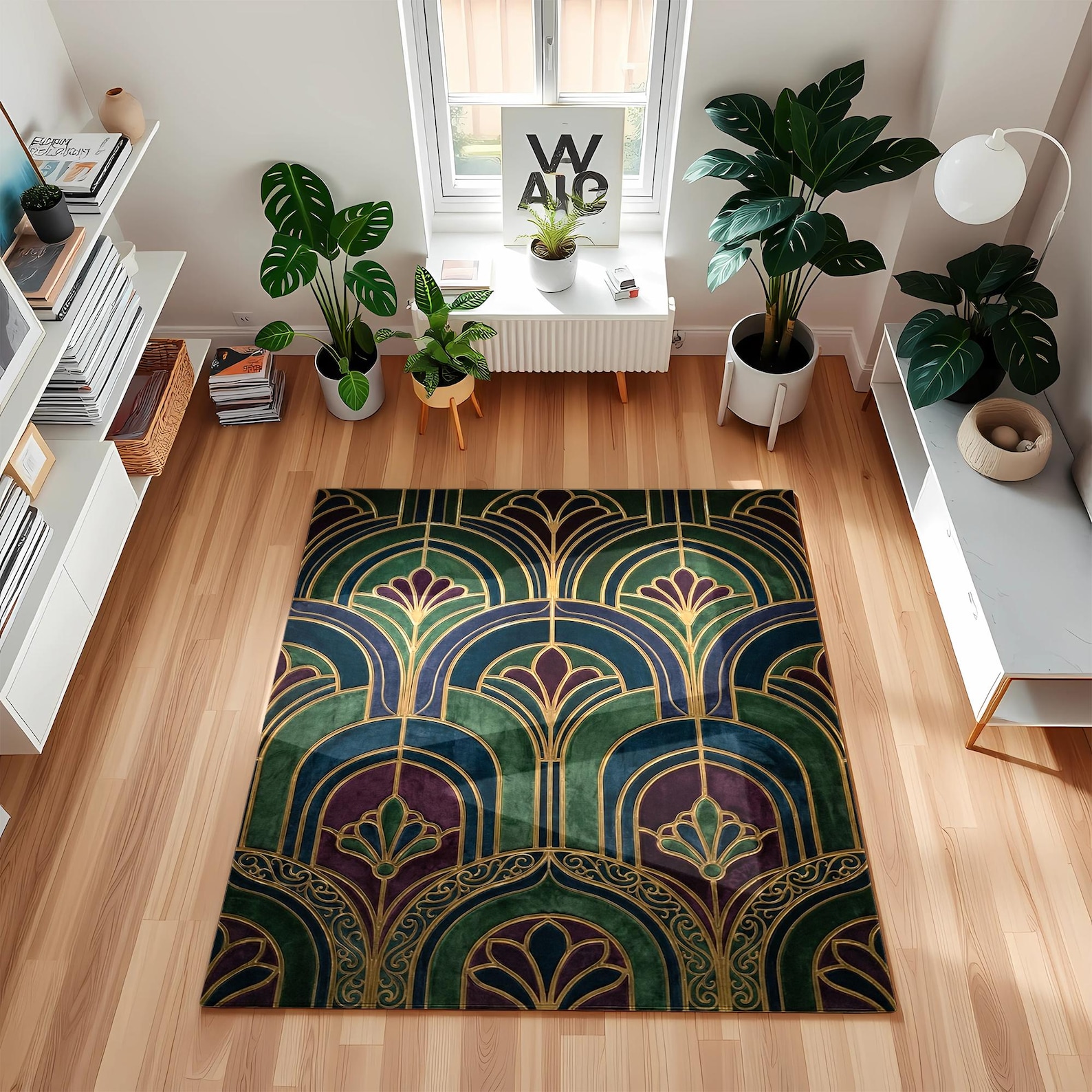 Art Deco Arch Pattern Rug With Gold Linework Emerald Green Purple ...