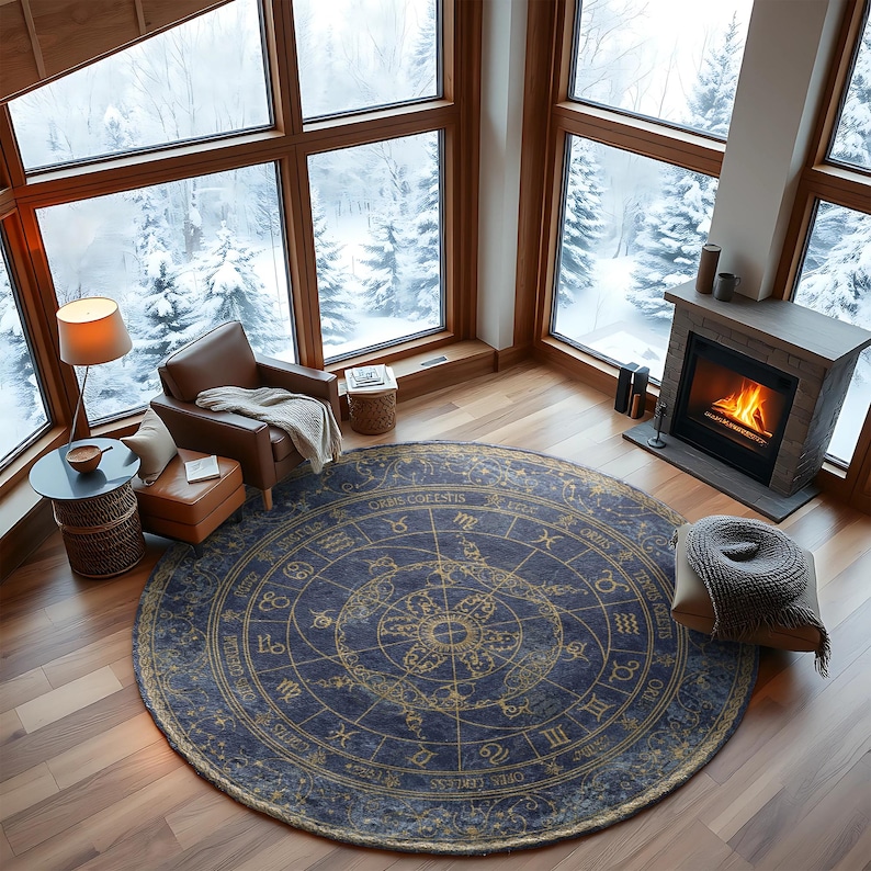 Round Zodiac Astrology Rug With Celestial Blue and Gold Design ...